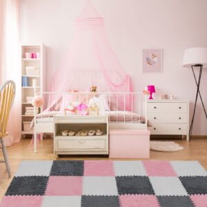 18 Pcs Plush Foam Floor Mat Square Interlocking Carpet Tiles with Border Fluffy Play Mat Floor Tiles Soft Climbing Area Rugs for Home Playroom Decor, 12 x 12 x 0.4 Inch (White, Pink, Gray)