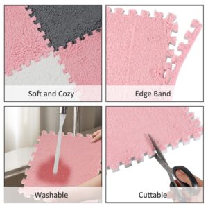 18 Pcs Plush Foam Floor Mat Square Interlocking Carpet Tiles with Border Fluffy Play Mat Floor Tiles Soft Climbing Area Rugs for Home Playroom Decor, 12 x 12 x 0.4 Inch (White, Pink, Gray)