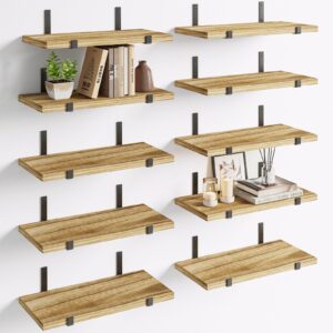 fixwal 10 pack floating shelves for wall, rustic wood wall shelves for bedroom, kitchen, bathroom decor, book shelves for living room