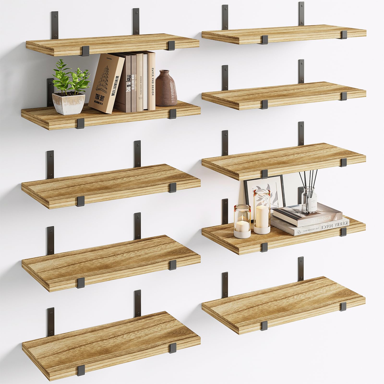 Fixwal 10 Pack Floating Shelves for Wall, Rustic Wood Wall Shelves for Bedroom, Kitchen, Bathroom Decor, Book Shelves for Living Room