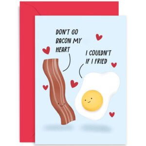 old english co. funny wedding anniversary card for husband or wife - don't go bacon my heart pun - engagement valentine's card for couple, boyfriend, girlfriend, fiance | blank inside with envelope