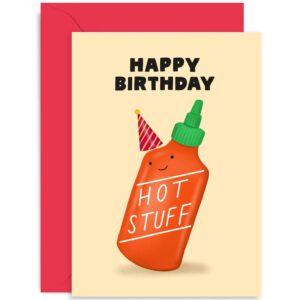 old english co. funny happy birthday card for husband or wife - cute 'hot stuff' chilli hot sauce card for men or women - boyfriend, girlfriend, fiance, partner| blank inside with envelope