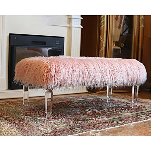 MAKLAINE Bench with Pink Finish Faux Fur and Clear Acrylic Legs