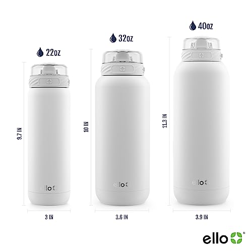 Ello Cooper 32oz Stainless Steel Water Bottle with Straw and Carry Handle, Double Walled and Vacuum Insulated Metal, Leak Proof Locking Lid with Soft Silicone Spout, Reusable, BPA Free, White