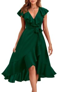 prettygarden women's summer v neck ruffle wrap tie maxi dress solid color flutter sleeve holiday dresses for women 2023 (dark green,medium)