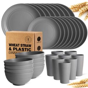 teivio 32-piece kitchen plastic wheat straw dinnerware set, service for 8, dinner plates, dessert plate, cereal bowls, cups, unbreakable colorful plastic outdoor camping dishes, grey