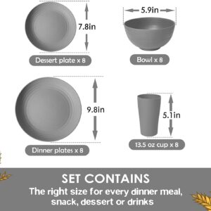 Teivio 32-Piece Kitchen Plastic Wheat Straw Dinnerware Set, Service for 8, Dinner Plates, Dessert Plate, Cereal Bowls, Cups, Unbreakable Colorful Plastic Outdoor Camping Dishes, Grey