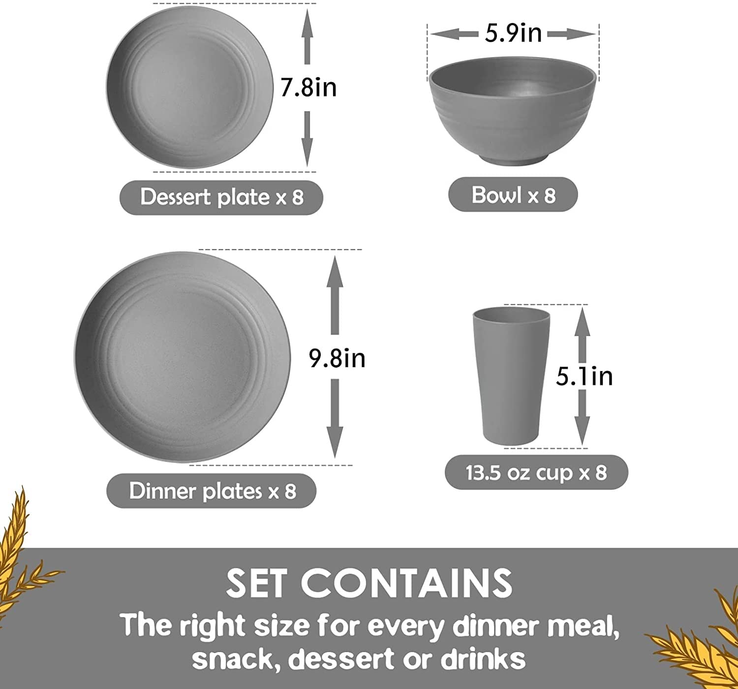 Teivio 32-Piece Kitchen Plastic Wheat Straw Dinnerware Set, Service for 8, Dinner Plates, Dessert Plate, Cereal Bowls, Cups, Unbreakable Colorful Plastic Outdoor Camping Dishes, Grey