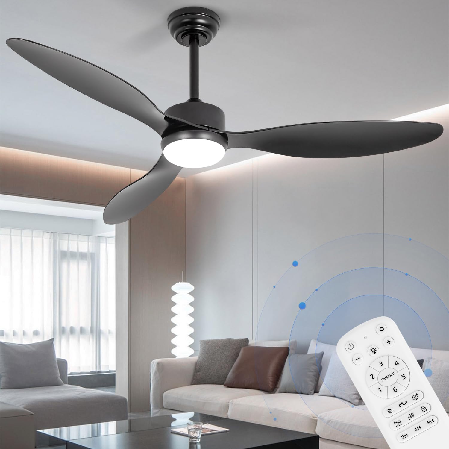 OUATER Modern Ceiling Fan with Lights, 52 inch, 6 Speed, DC Motor, Black, for Bedroom/Outdoor/Farmhouse/Patios