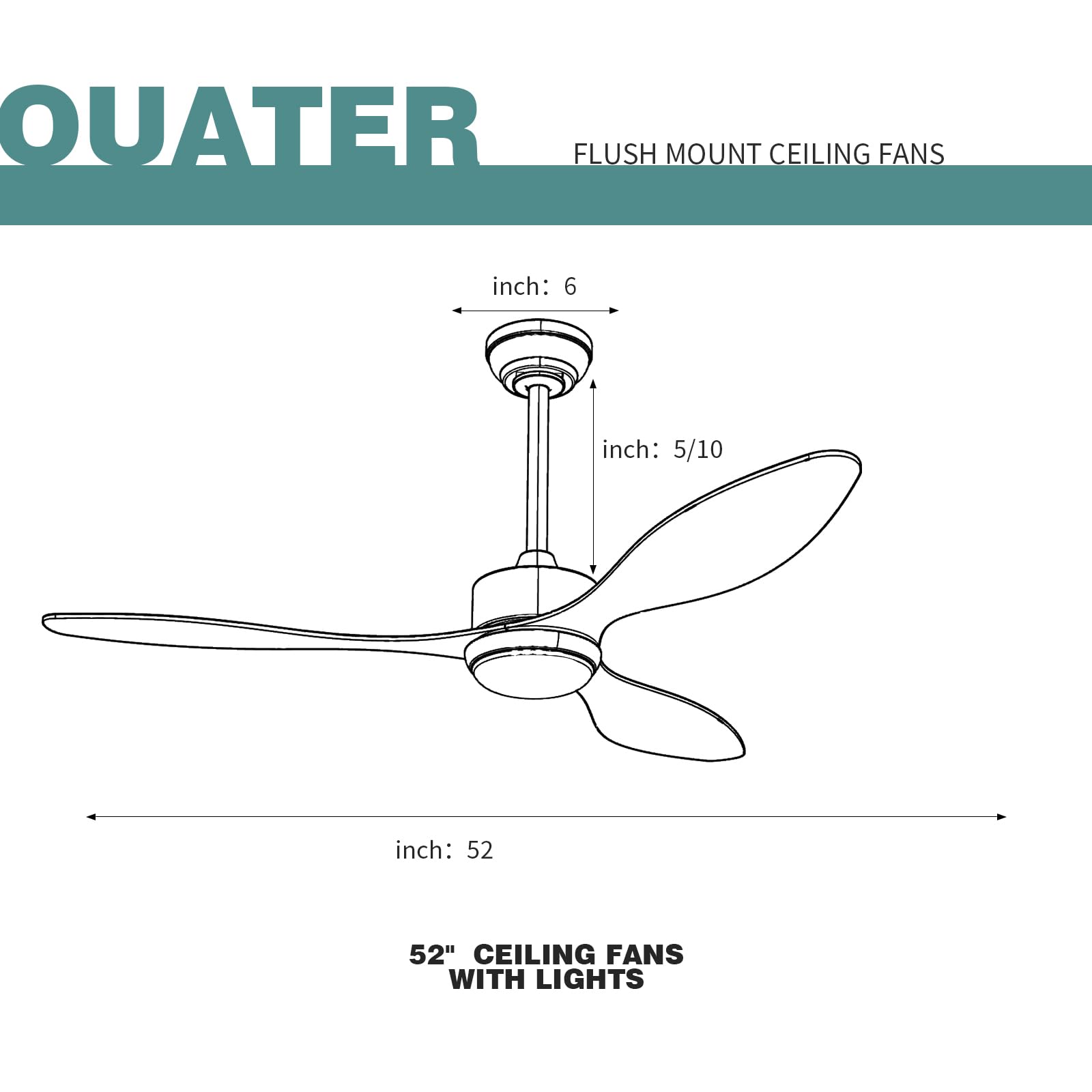 OUATER Modern Ceiling Fan with Lights, 52 inch, 6 Speed, DC Motor, Black, for Bedroom/Outdoor/Farmhouse/Patios