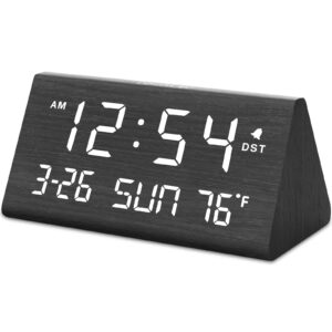 dreamsky digital alarm clocks for bedrooms - wooden desk clock with date, day of week, usb port, temperature, dimmer for bedside table, living room, office, adjustable volume, auto dst, wood decor