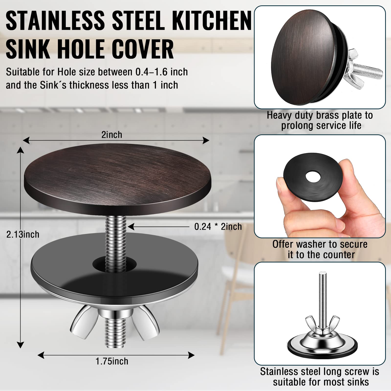 2 Inch Kitchen Sink Hole Cover Faucet Hole Cover Stainless Steel Kitchen Sink Tap Hole Plate Stopper Cover Blanking Metal Plug(Oil Rubbed Bronze)