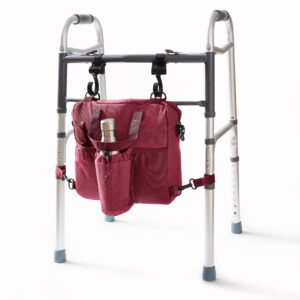 Rollatote Go-Getter Lightweight Nylon, Easy Hook On & Off Messenger Bag for Walkers, Rollators, Wheelchairs, Scooters, Bottle Holder, Soft-Lined Glasses Pocket, Padded Interior (Cranberry)