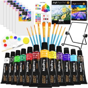 nicpro acrylic paint canvas set for adult & kid, 34pcs art painting supplies kit,12 colors acrylic paint,table easel,6 canvas panels,10 brushes,paper pad,sponge,color wheel,palette for artist beginner