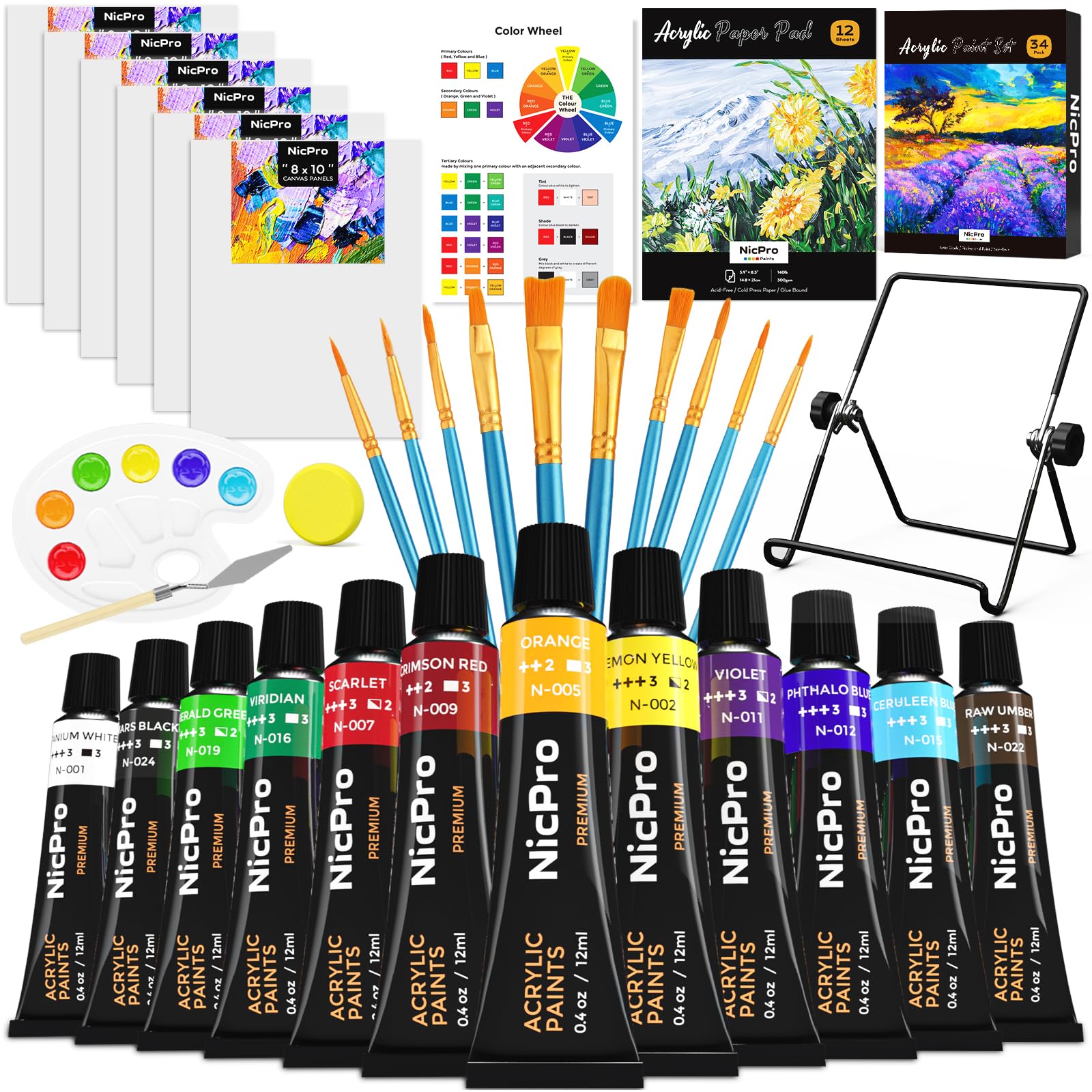 Nicpro Acrylic Paint Canvas Set for Adult & Kid, 34PCS Art Painting Supplies Kit,12 Colors Acrylic Paint,Table Easel,6 Canvas Panels,10 Brushes,Paper Pad,Sponge,Color Wheel,Palette for Artist Beginner