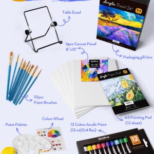 Nicpro Acrylic Paint Canvas Set for Adult & Kid, 34PCS Art Painting Supplies Kit,12 Colors Acrylic Paint,Table Easel,6 Canvas Panels,10 Brushes,Paper Pad,Sponge,Color Wheel,Palette for Artist Beginner