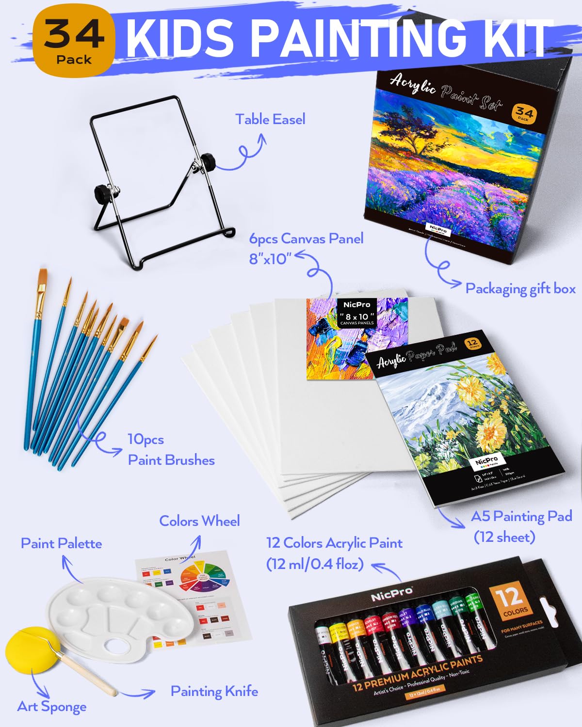 Nicpro Acrylic Paint Canvas Set for Adult & Kid, 34PCS Art Painting Supplies Kit,12 Colors Acrylic Paint,Table Easel,6 Canvas Panels,10 Brushes,Paper Pad,Sponge,Color Wheel,Palette for Artist Beginner