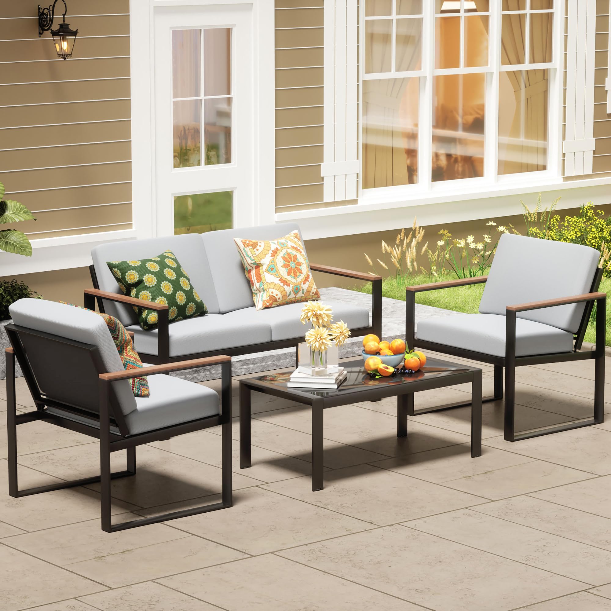 NATURAL EXPRESSIONS 4 Pieces Patio Furniture Sets,Outdoor Metal Sectional Furniture Modern Patio Conversation Set,Fuaxwood Anti-Scald Armrest,Sling Mesh,Tempered-Glass Table,4" Olefin Cushions