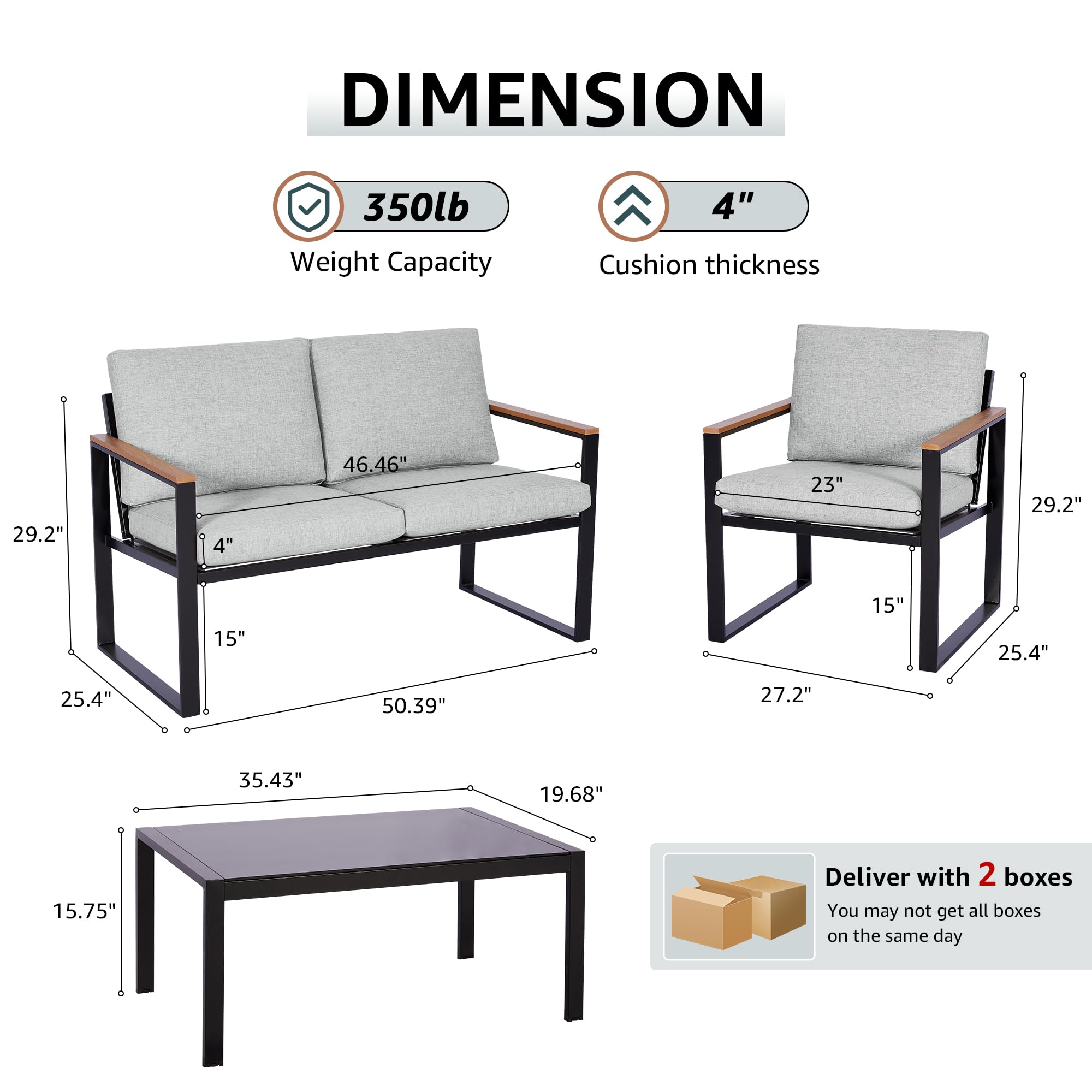 NATURAL EXPRESSIONS 4 Pieces Patio Furniture Sets,Outdoor Metal Sectional Furniture Modern Patio Conversation Set,Fuaxwood Anti-Scald Armrest,Sling Mesh,Tempered-Glass Table,4" Olefin Cushions