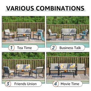 NATURAL EXPRESSIONS 4 Pieces Patio Furniture Sets,Outdoor Metal Sectional Furniture Modern Patio Conversation Set,Fuaxwood Anti-Scald Armrest,Sling Mesh,Tempered-Glass Table,4" Olefin Cushions