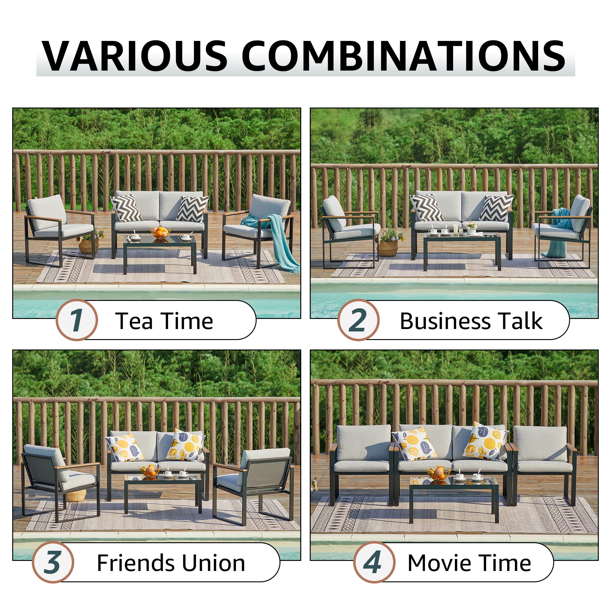 NATURAL EXPRESSIONS 4 Pieces Patio Furniture Sets,Outdoor Metal Sectional Furniture Modern Patio Conversation Set,Fuaxwood Anti-Scald Armrest,Sling Mesh,Tempered-Glass Table,4" Olefin Cushions