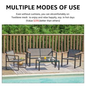 NATURAL EXPRESSIONS 4 Pieces Patio Furniture Sets,Outdoor Metal Sectional Furniture Modern Patio Conversation Set,Fuaxwood Anti-Scald Armrest,Sling Mesh,Tempered-Glass Table,4" Olefin Cushions