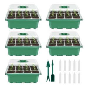 myltw 5 pack seed starter tray seedling tray kits,adjustable humidity plant starter dome and base greenhouse grow trays for seeds growing starting(12 cells per tray