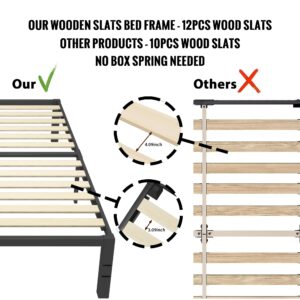 ROIL 14 inch Full Size Bed Frames with Wood Slats - 3500lbs Heavy Duty No Box Spring Needed Platform, Mattress Stoppers Double Metal Noise Free Bedframe with Headboard Hole