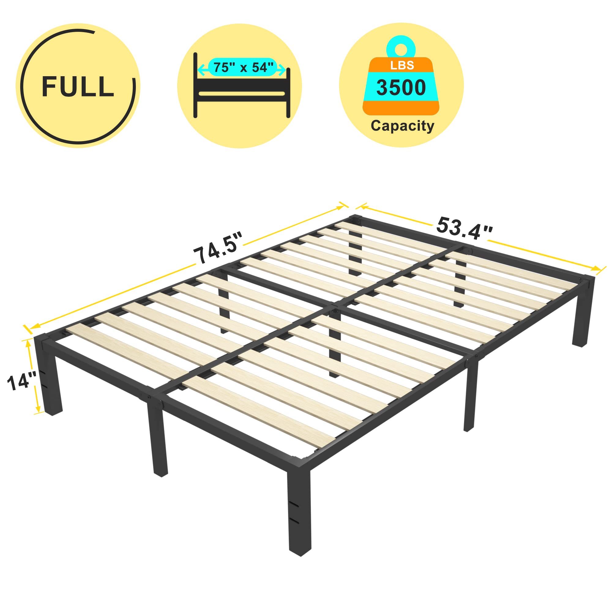 ROIL 14 inch Full Size Bed Frames with Wood Slats - 3500lbs Heavy Duty No Box Spring Needed Platform, Mattress Stoppers Double Metal Noise Free Bedframe with Headboard Hole