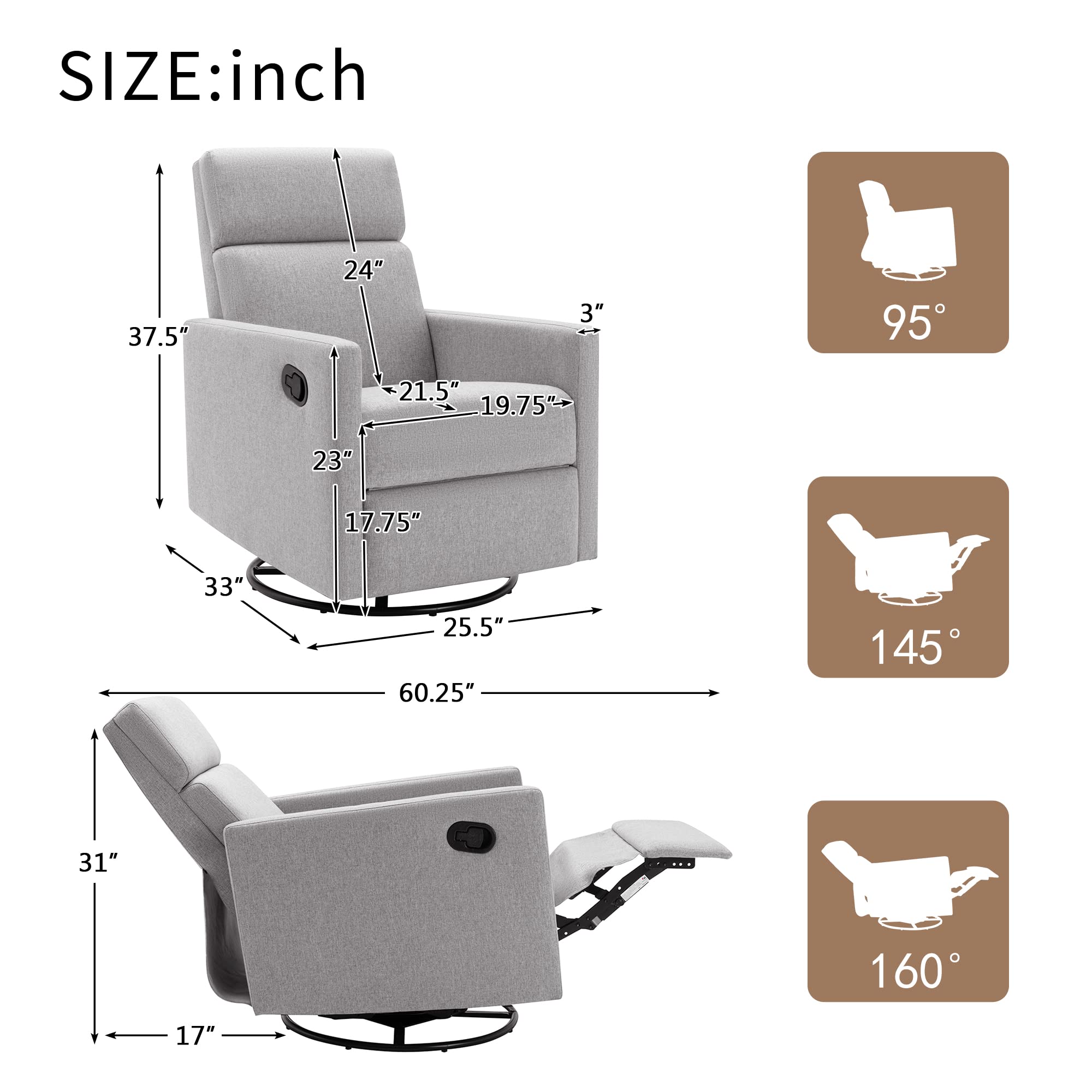 LUMISOL Swivel Glider Rocker Recliner Chair, Manual Glider Reclining Sofa Chair for Nursery, Linen Upholstered Glider Rocker with High Back for Living Room, Bedroom, Grey