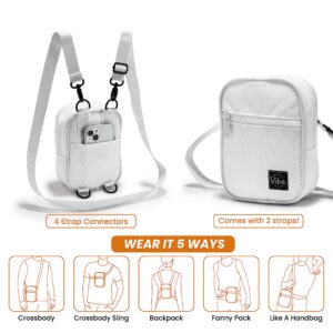 Vibe Festival Gear Small Crossbody Sling Bag for Women Men 5in1 Multi-Use from (rPET) Recycled Polyester Belt Bag Cross Body Backpack Fanny Pack Purse - White