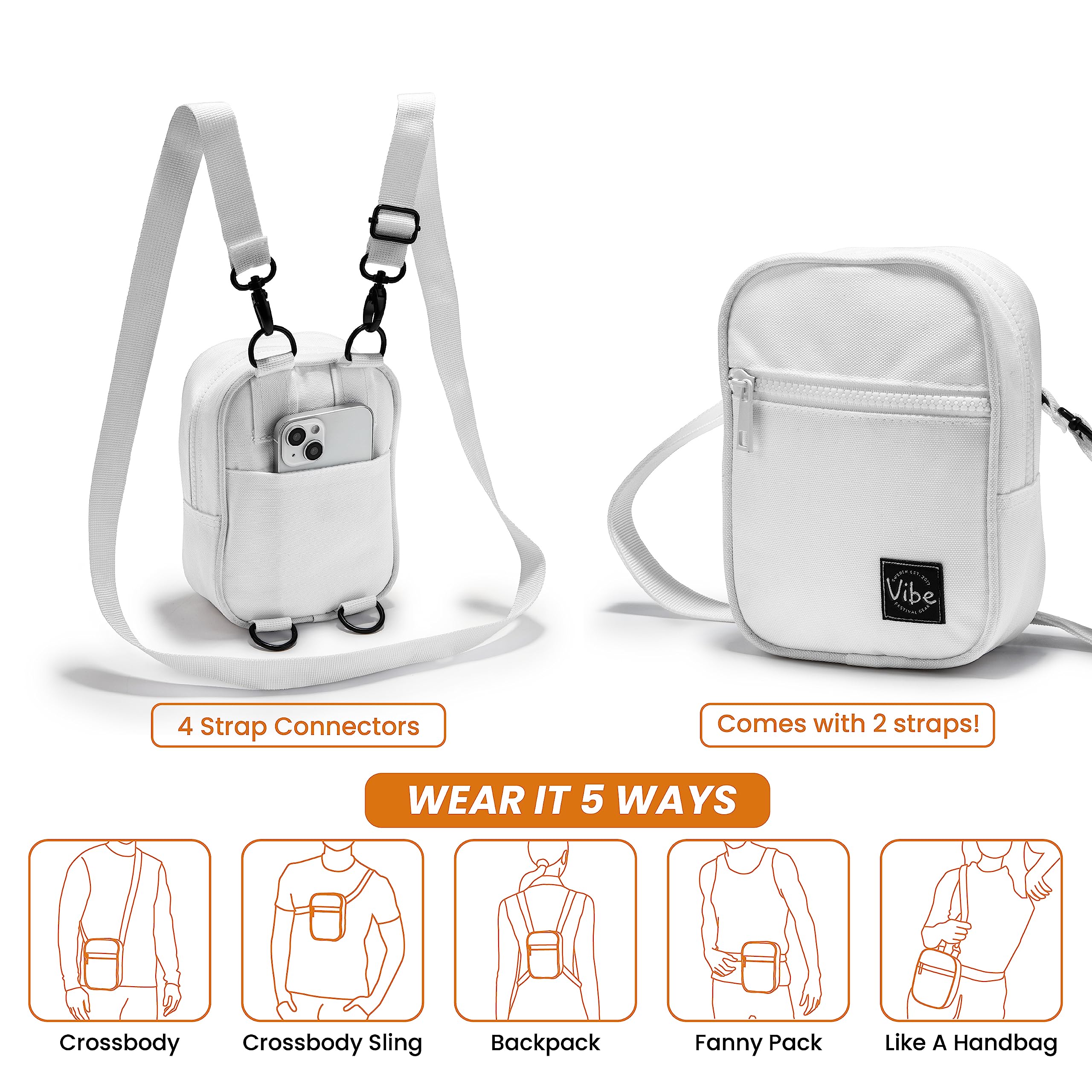 Vibe Festival Gear Small Crossbody Sling Bag for Women Men 5in1 Multi-Use from (rPET) Recycled Polyester Belt Bag Cross Body Backpack Fanny Pack Purse - White