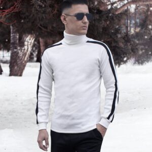 URBAN BUCK Men Turtleneck Long Sleeve Striped Shirt Ribbed Knitted White Turtle Neck Kosco Pullover Sweater (M)