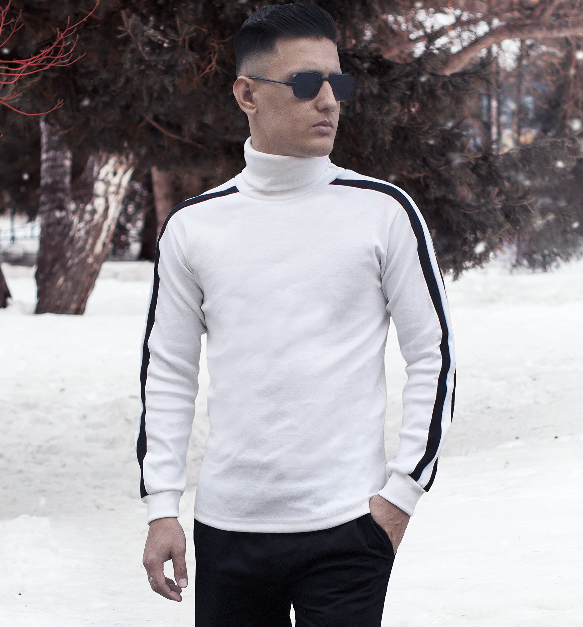 URBAN BUCK Men Turtleneck Long Sleeve Striped Shirt Ribbed Knitted White Turtle Neck Kosco Pullover Sweater (M)