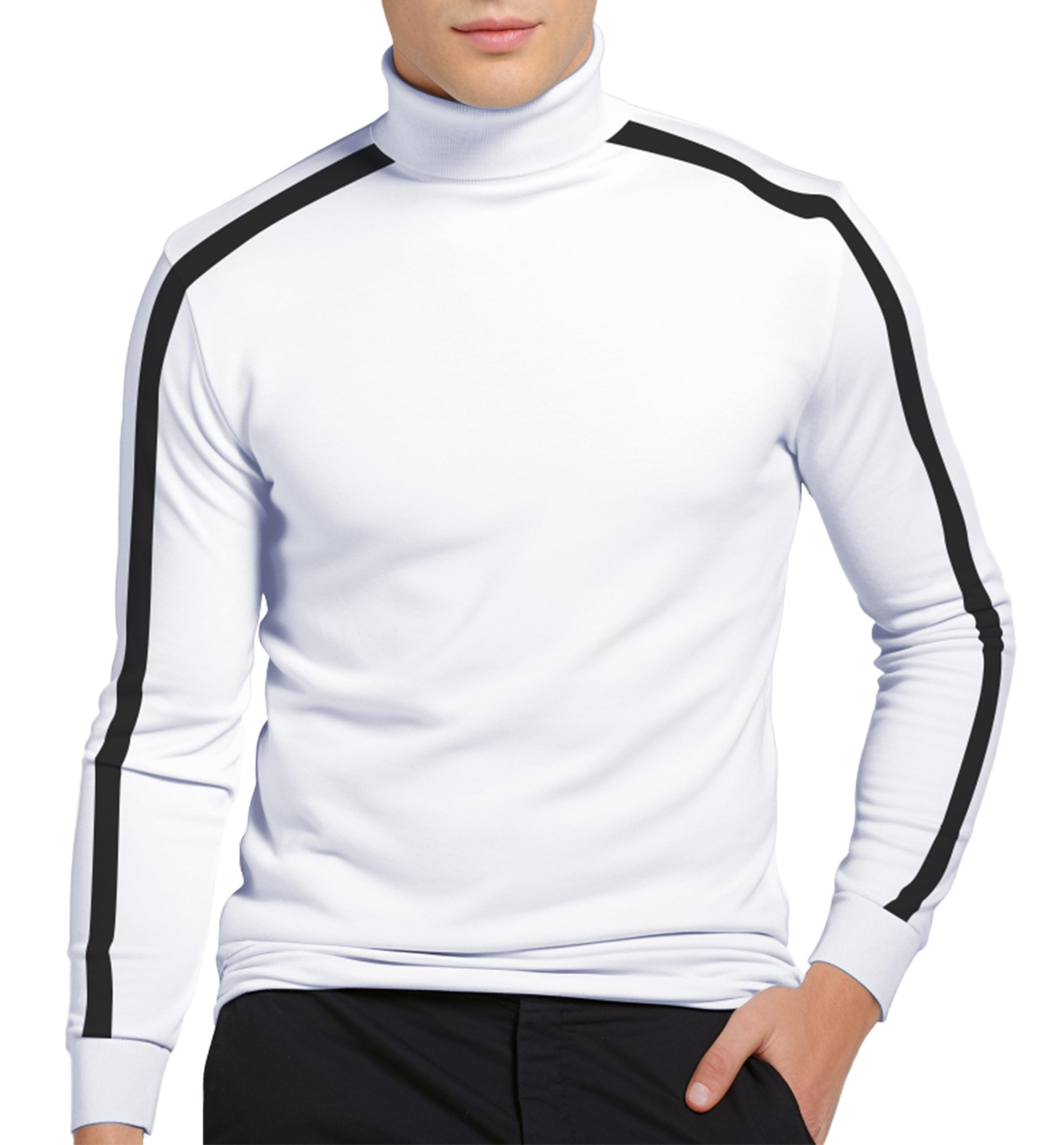 URBAN BUCK Men Turtleneck Long Sleeve Striped Shirt Ribbed Knitted White Turtle Neck Kosco Pullover Sweater (M)