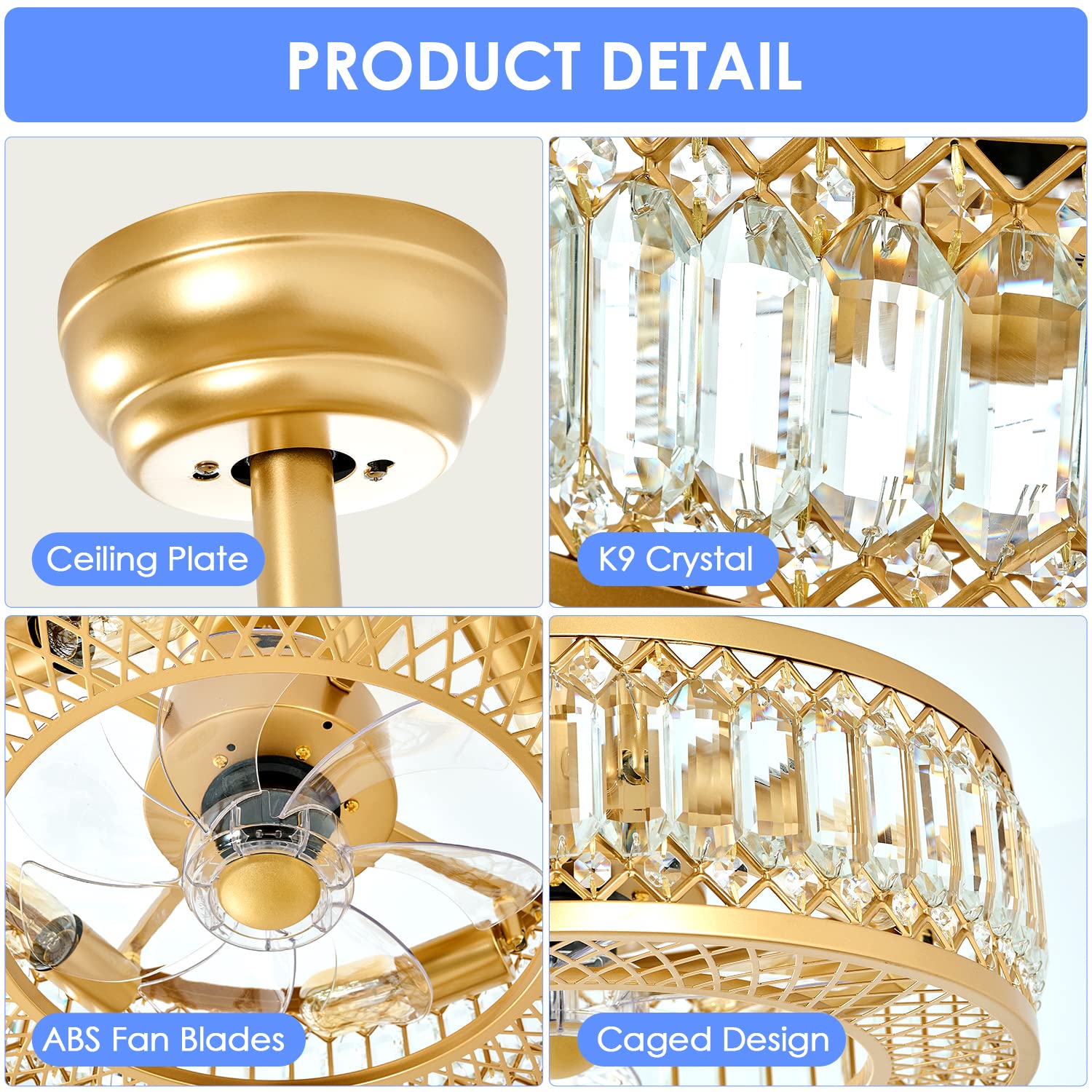 KOKAiZeeKi Gold Crystal Caged Ceiling Fans with Light, 18" Bladeless Ceiling Fan with Remote Control, 6 Speed Low Profile Enclosed Ceiling Fan with Reversible Motor for Bedroom Kitchen Living Room