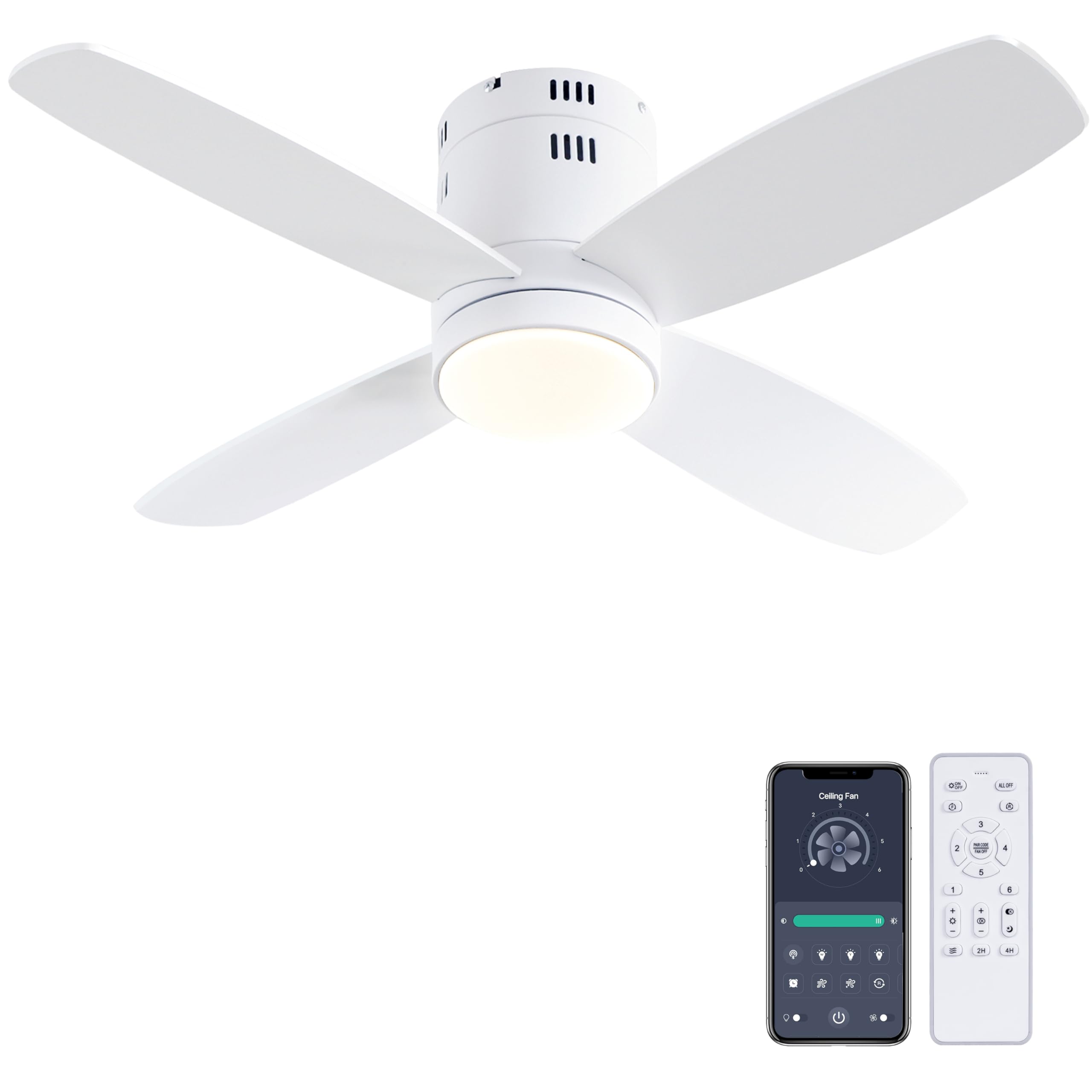 Ohniyou Ceiling Fan with Lights - 38'' Small Low Profile Ceiling Fans Remote & APP Control - Dimmable Indoor Outdoor Quiet DC Flush Mount Ceiling Fan for Patio Kitchen Dining Room Bedroom(White)