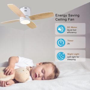 Ohniyou Ceiling Fan with Lights - 38'' Small Low Profile Ceiling Fans Remote & APP Control - Dimmable Indoor Outdoor Quiet DC Flush Mount Ceiling Fan for Patio Kitchen Dining Room Bedroom(White)