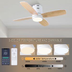 Ohniyou Ceiling Fan with Lights - 38'' Small Low Profile Ceiling Fans Remote & APP Control - Dimmable Indoor Outdoor Quiet DC Flush Mount Ceiling Fan for Patio Kitchen Dining Room Bedroom(White)