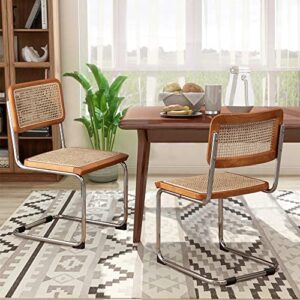 Alunaune Modern Mid Century Dining Chairs Set of 2, Upholstered Natural Rattan Kitchen Chairs Accent Chair, Armless Side Chairs with Metal Chrome Legs for Bedroom Living Room-Brown