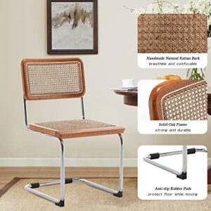 Alunaune Modern Mid Century Dining Chairs Set of 2, Upholstered Natural Rattan Kitchen Chairs Accent Chair, Armless Side Chairs with Metal Chrome Legs for Bedroom Living Room-Brown