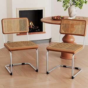 Alunaune Modern Mid Century Dining Chairs Set of 2, Upholstered Natural Rattan Kitchen Chairs Accent Chair, Armless Side Chairs with Metal Chrome Legs for Bedroom Living Room-Brown