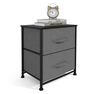 sehloran 2 storage dresser end/side table night stand, small dresser organizers unit, drawer dresser for bedroom, living room, closet, easy pull removable fabric bins, wood top, gray