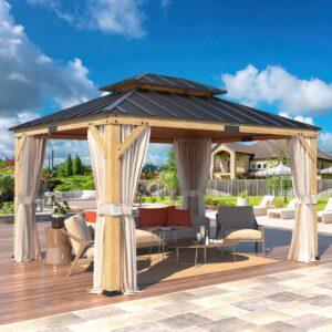 mellcom 11' x 13' asphalt hardtop gazebo, spruce wood double roof gazebo with curtains and meshes, canopy gazebo with waterproof coated wood frame for patios, gardens, lawns, and backyards