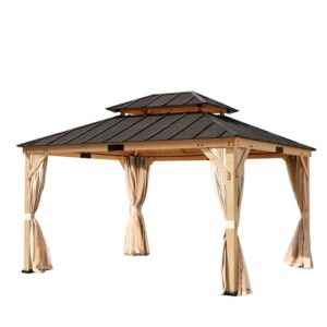 MELLCOM 11' x 13' Asphalt Hardtop Gazebo, Spruce Wood Double Roof Gazebo with Curtains and Meshes, Canopy Gazebo with Waterproof Coated Wood Frame for Patios, Gardens, Lawns, and Backyards