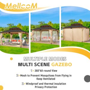 MELLCOM 11' x 13' Asphalt Hardtop Gazebo, Spruce Wood Double Roof Gazebo with Curtains and Meshes, Canopy Gazebo with Waterproof Coated Wood Frame for Patios, Gardens, Lawns, and Backyards