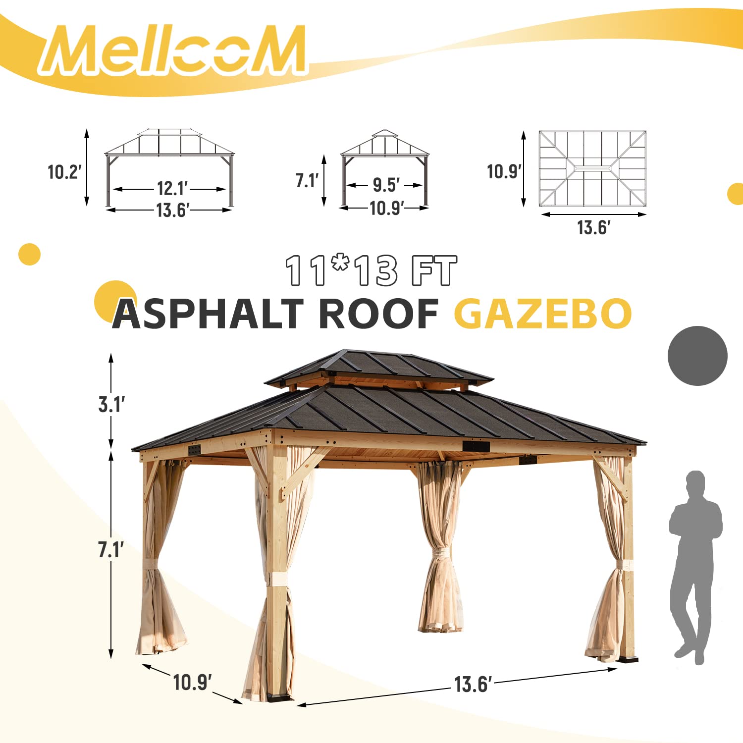 MELLCOM 11' x 13' Asphalt Hardtop Gazebo, Spruce Wood Double Roof Gazebo with Curtains and Meshes, Canopy Gazebo with Waterproof Coated Wood Frame for Patios, Gardens, Lawns, and Backyards