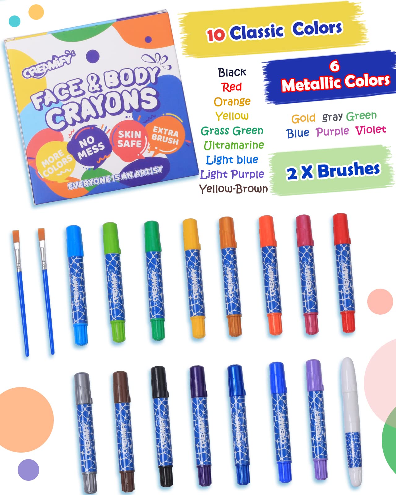 Creamify Rainbow Colors Face Painting Kits- 16 Colors Twistable Face Paint Marker Sticks with 2 Brushes, LGBT Washable Face Paint Crayons Kit, Birthday, Pride Day