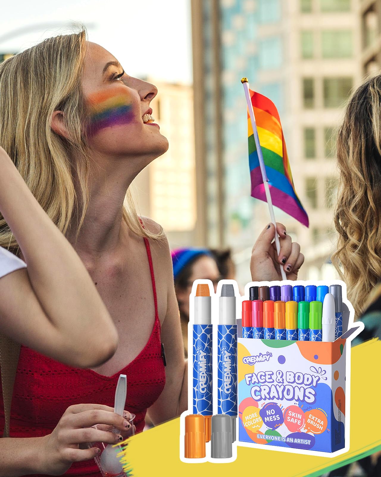 Creamify Rainbow Colors Face Painting Kits- 16 Colors Twistable Face Paint Marker Sticks with 2 Brushes, LGBT Washable Face Paint Crayons Kit, Birthday, Pride Day