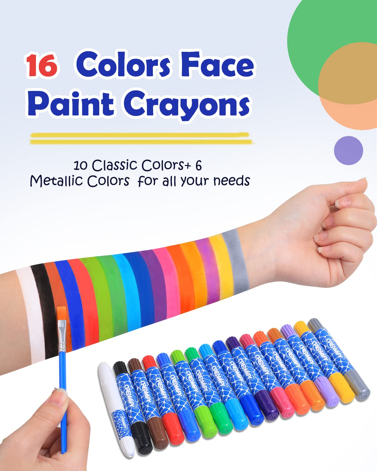 Creamify Rainbow Colors Face Painting Kits- 16 Colors Twistable Face Paint Marker Sticks with 2 Brushes, LGBT Washable Face Paint Crayons Kit, Birthday, Pride Day